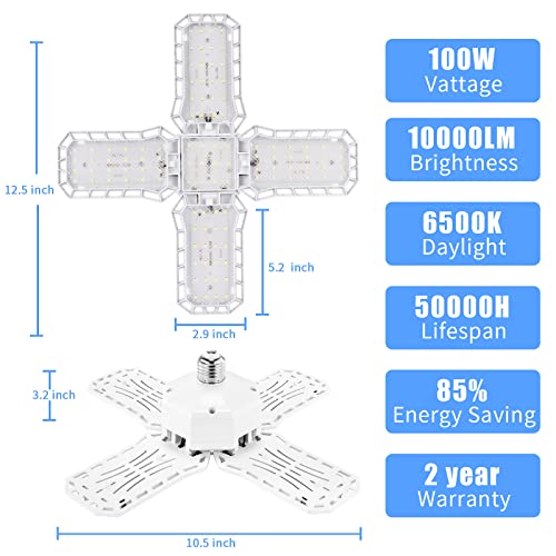 Mutois LED Garage Light, 2-Pack Garage Lights Ceiling LED Shop Light 100W Deformable Garage Lights Bulb E26/E27 6500K LED Garage Lighting, Garage Lights for Garage Workshop Basement Warehouse Barn