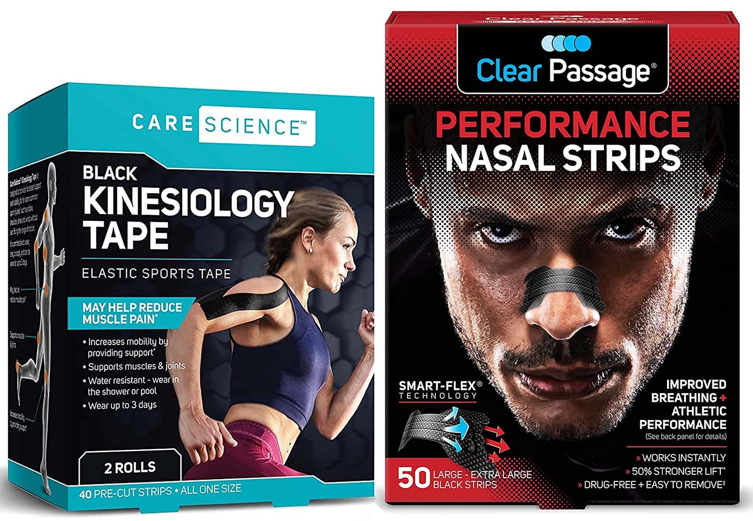 Care Science Waterproof Kinesiology Tape, 40 ct, Precut Strips (2 Rolls), Black + Clear Passage Performance Nasal Strips for Athletes, Black, 50 Count Bundle