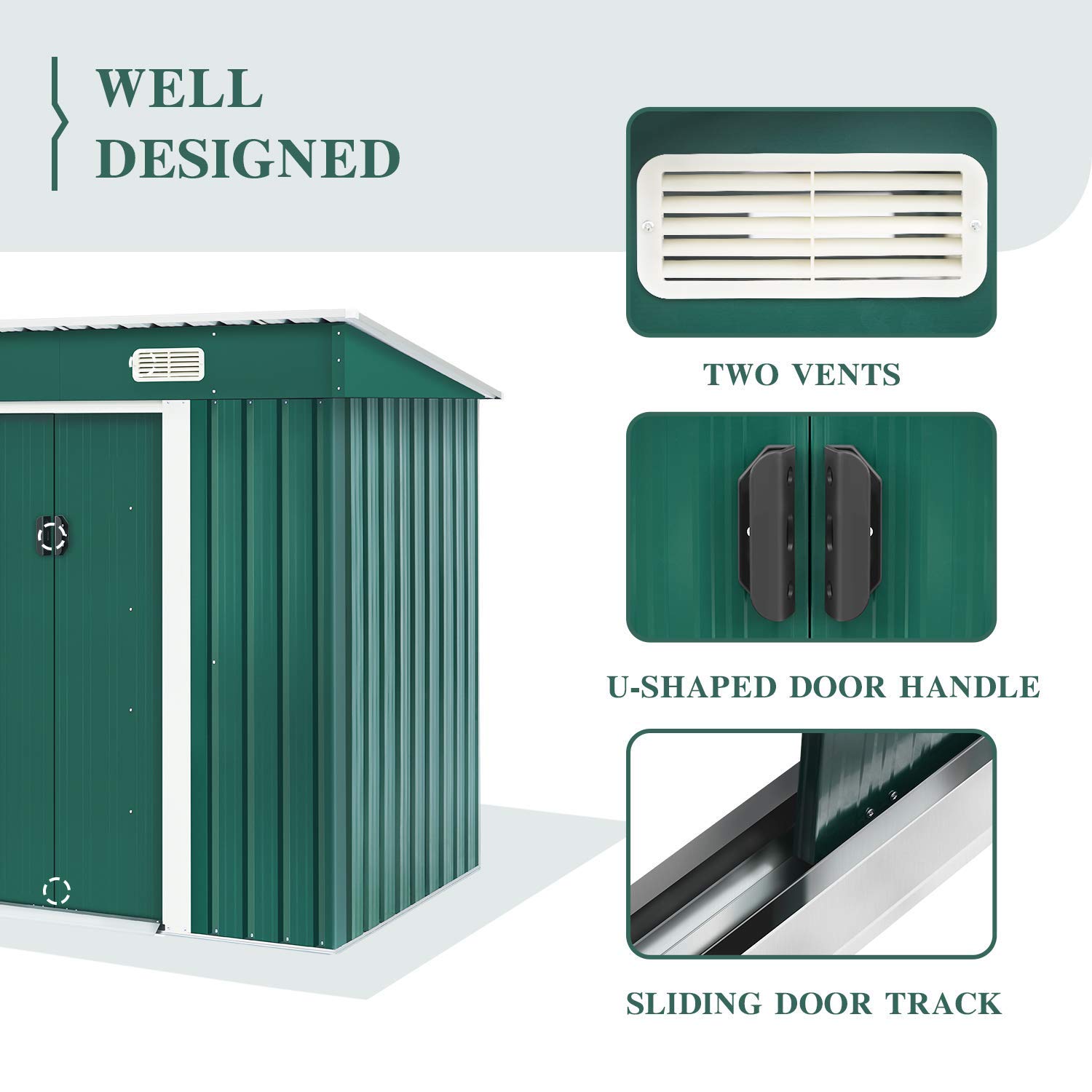 BonusAll Storage Shed Tool House 6x4 FT Outdoor Garden Steel Shed with Sliding Door(Green)
