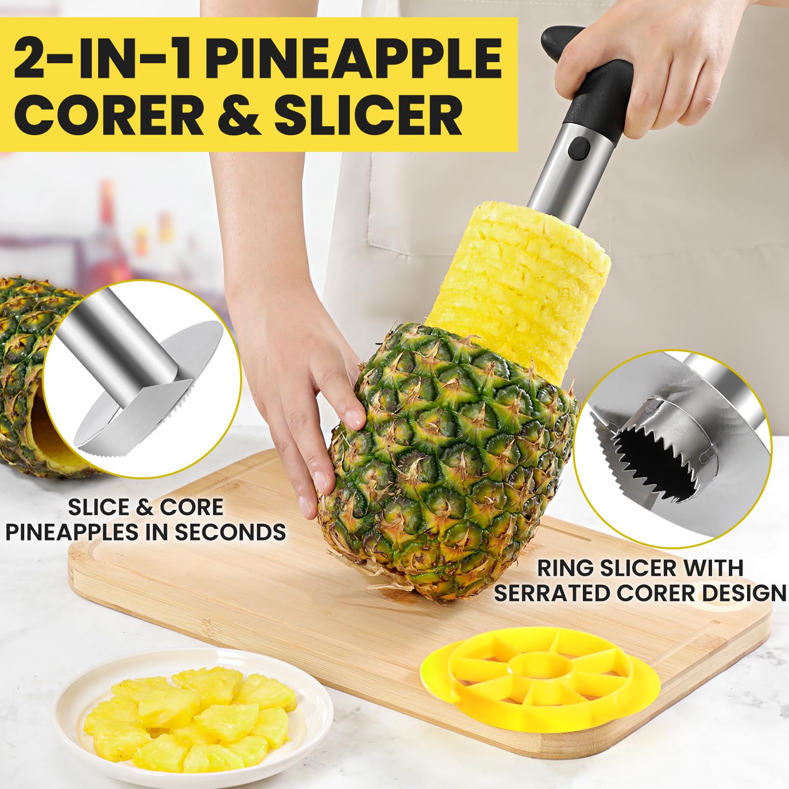 CUNSENR Premium Pineapple Corer and Slicer Tool - Pineapple Cutter with Sharp Serrated Tips - Easy to Use & Clean - Stainless Steel Core Remover for Pineapple - Slice and Core Fruits with Ease(Green)