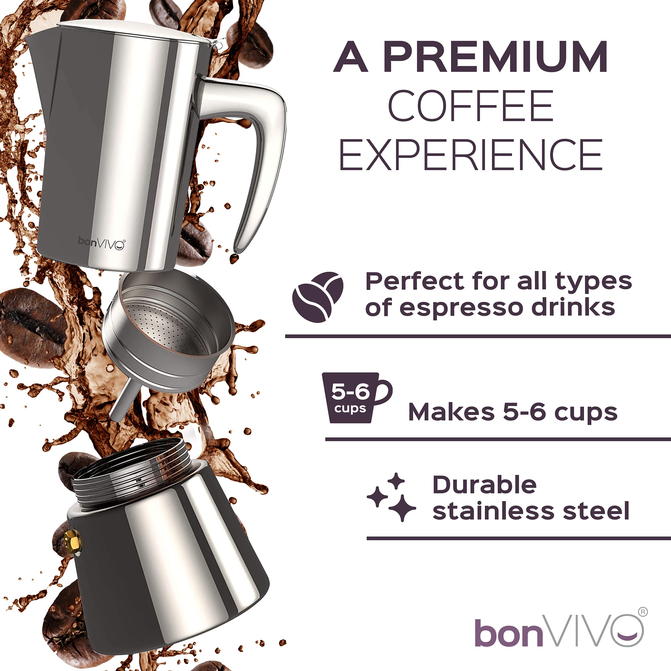 bonVIVO Intenca Stovetop Espresso Maker - Luxurious, Stainless Steel Italian Coffee Maker for Camping or Home Use - Makes 6 Cups of Full-Bodied Coffee - Copper, 10oz
