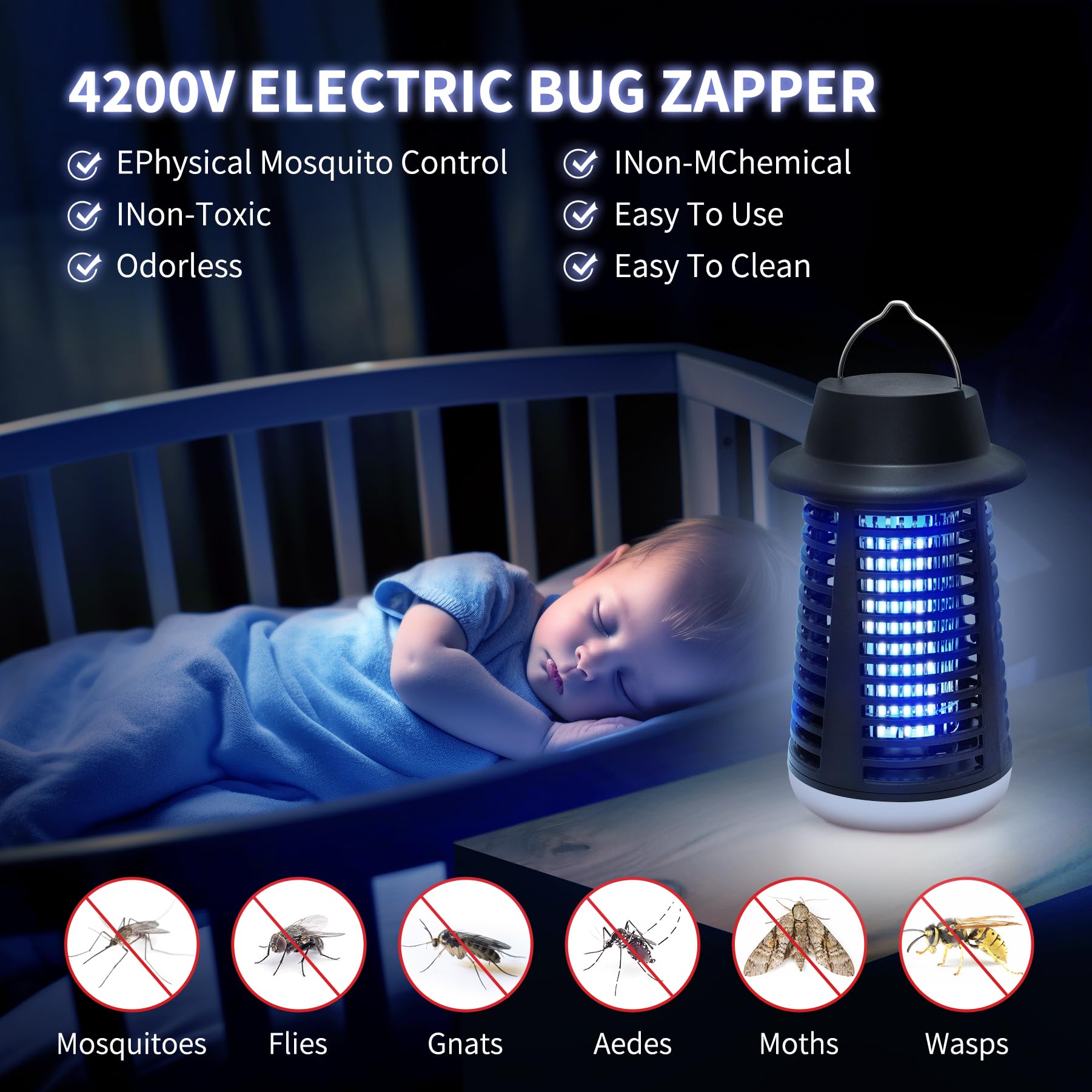 Swift Catch Bug Zapper Outdoor, Portable Mosquito Zapper 2 in 1 with LED Night Light,Waterproof Insect Zapper Electric Fly Trap,4000V Effective Mosquito Killer Ideal for Backyard,Patio,Camping,Fishing