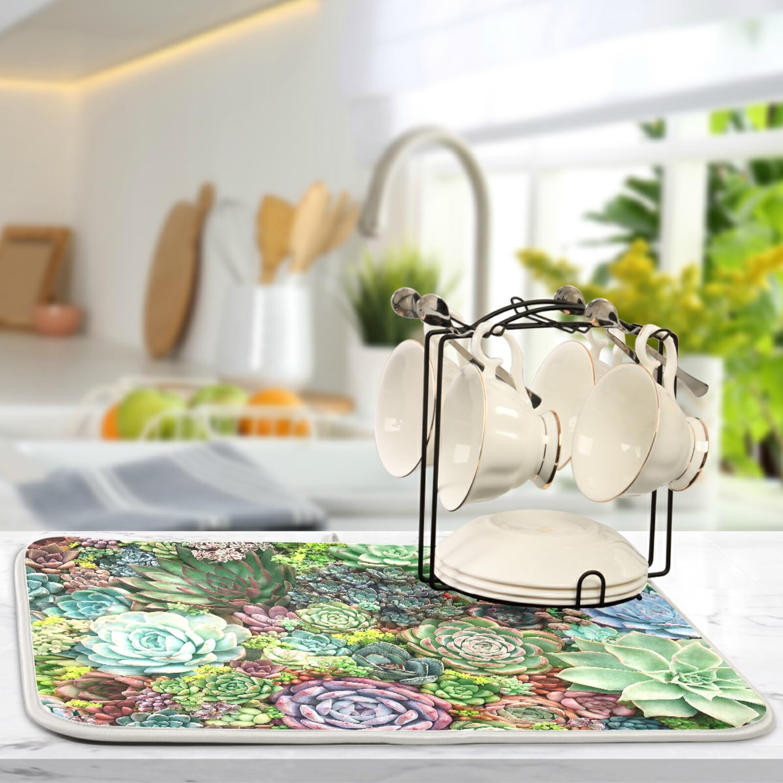 Dish Drying Mat For Counter Colorful Succulent Fast Draining 16 x 18 Inch Can Folded for Kitchen