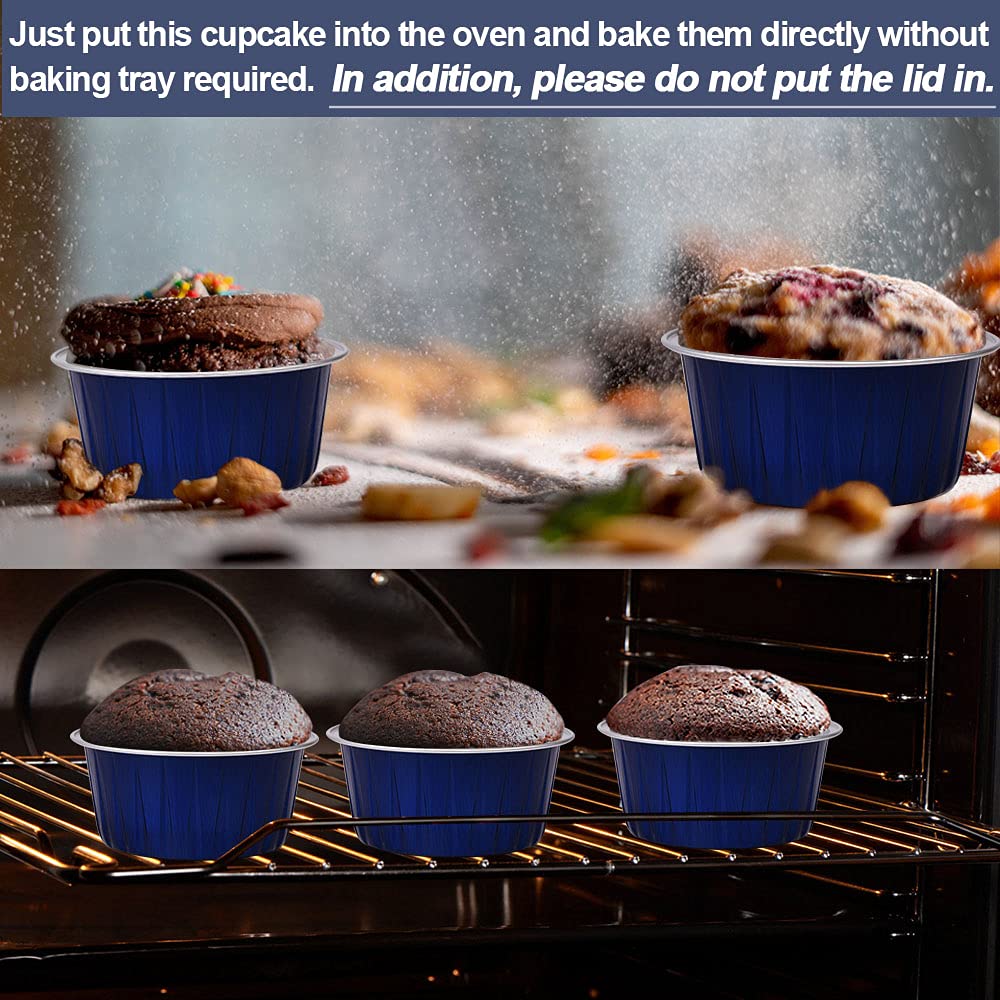 Desserts Foil baking Cups, 5 oz 100 pcs Reusable Cupcake Cups with Lids, Pie Ramekins, Pudding Cups Cake Pans for Wedding,Christmas,Kitchen,Birthday Party,Various Holiday Parties