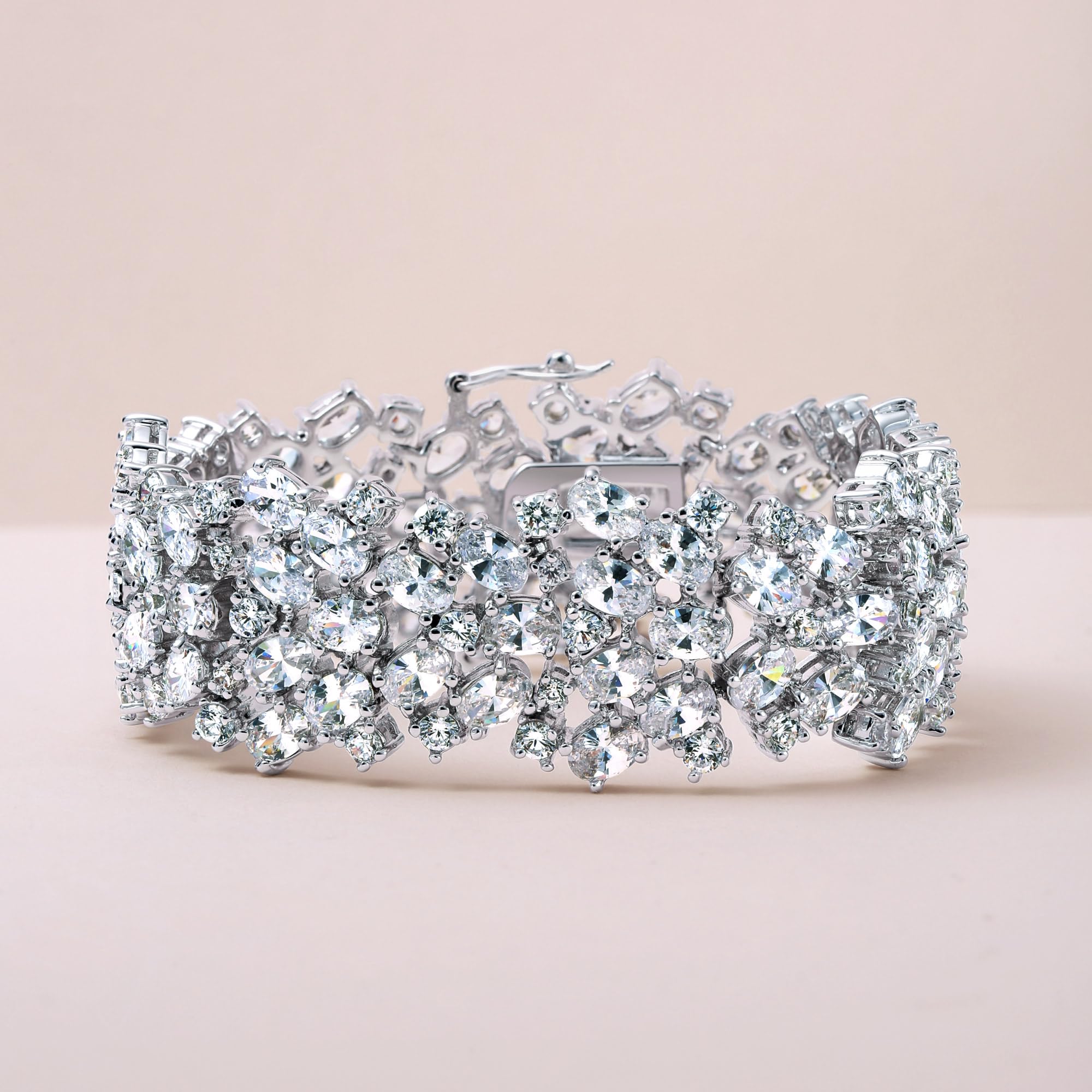 Bling Jewelry Elegant Formal AAA CZ Wide Statement Bracelet for Women, Prom, Wedding or Bridal Occasions Multi Row Big Oval Cubic Zirconia Cluster Design Silver Plated