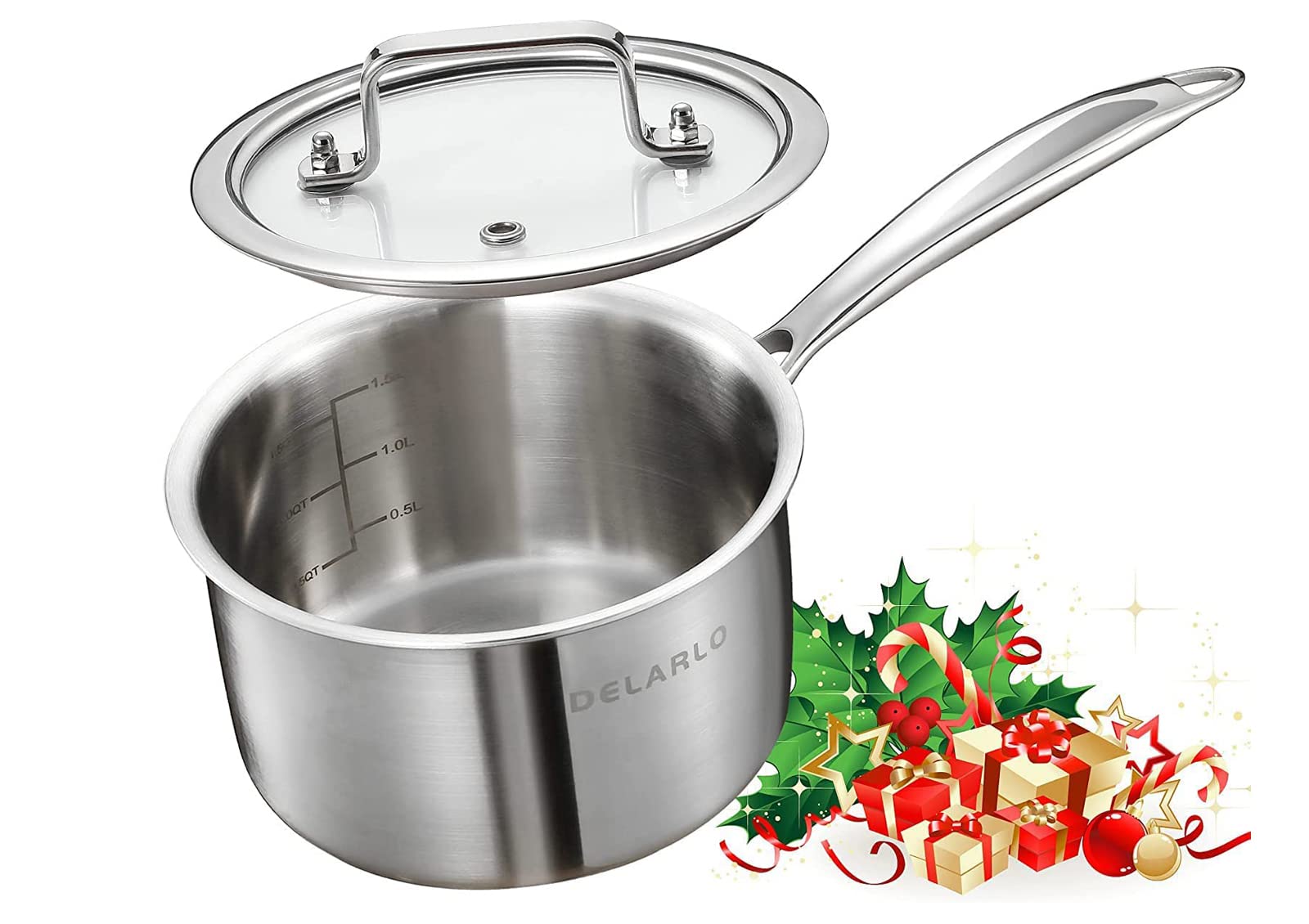 DELARLO Tri-Ply Stainless Steel Small Saucepan With Lid, Induction Cooking Sauce Pot Sauce Pans, Stainless Steel Heavy Bottom Saucier Pot Cookware, Dishwasher Safe & Oven Safe(2 Quart)