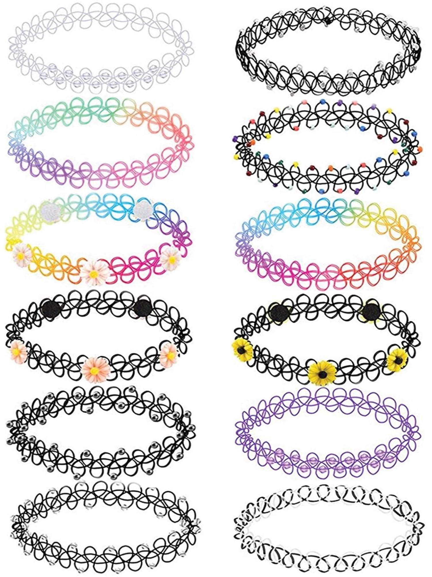 BodyJ4You 12PC Tattoo Choker Necklace for Women - 90s Choker Necklaces for Girls - Pride Rainbow Choker Clear Black Purple Pink Daisy Flower - Stretchy Elastic Chokers Neck Lace