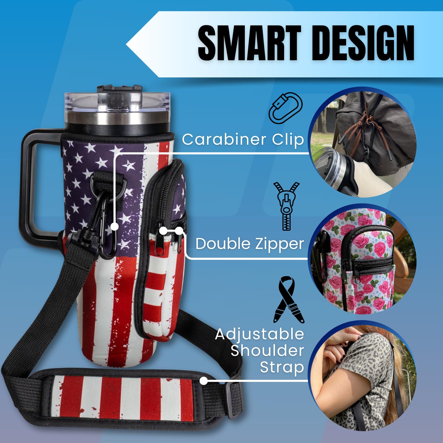 BUTSYCOL Water Bottle Bag with Strap, Stanley 40 oz Tumbler with Handle Accessories, Stanley Holder with Strap and Pouch Sleeve for Gym, Stanley Cup Accessories 40 oz (American Flag)
