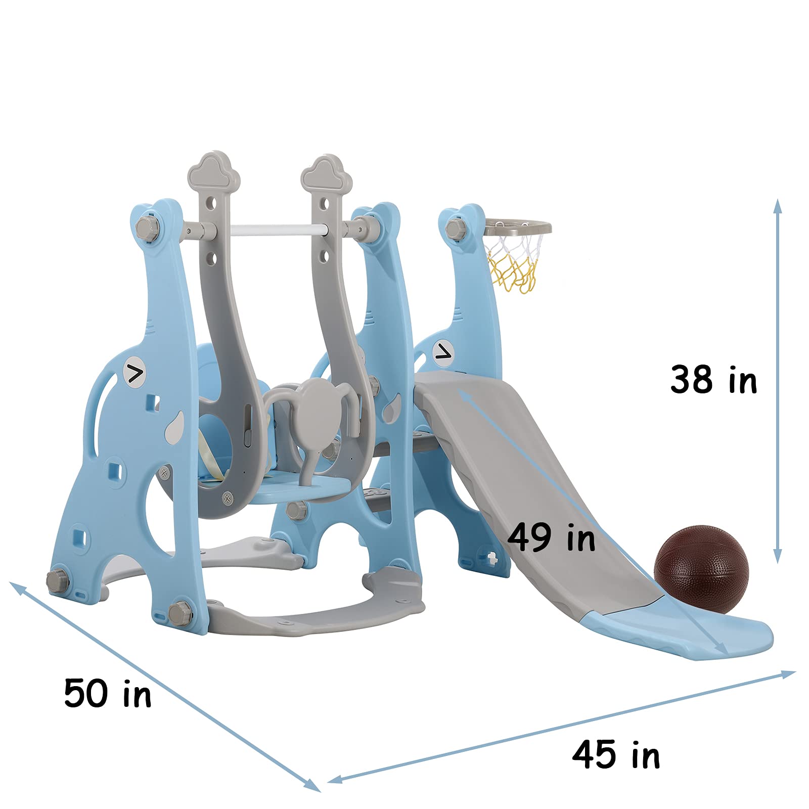 LANGYI Children's Four in One Slide Swing,with Basketball Frame and Ball Extra Long Slide,Children's That Can Be Installed at Will Indoor Outdoor Garden (Blue)