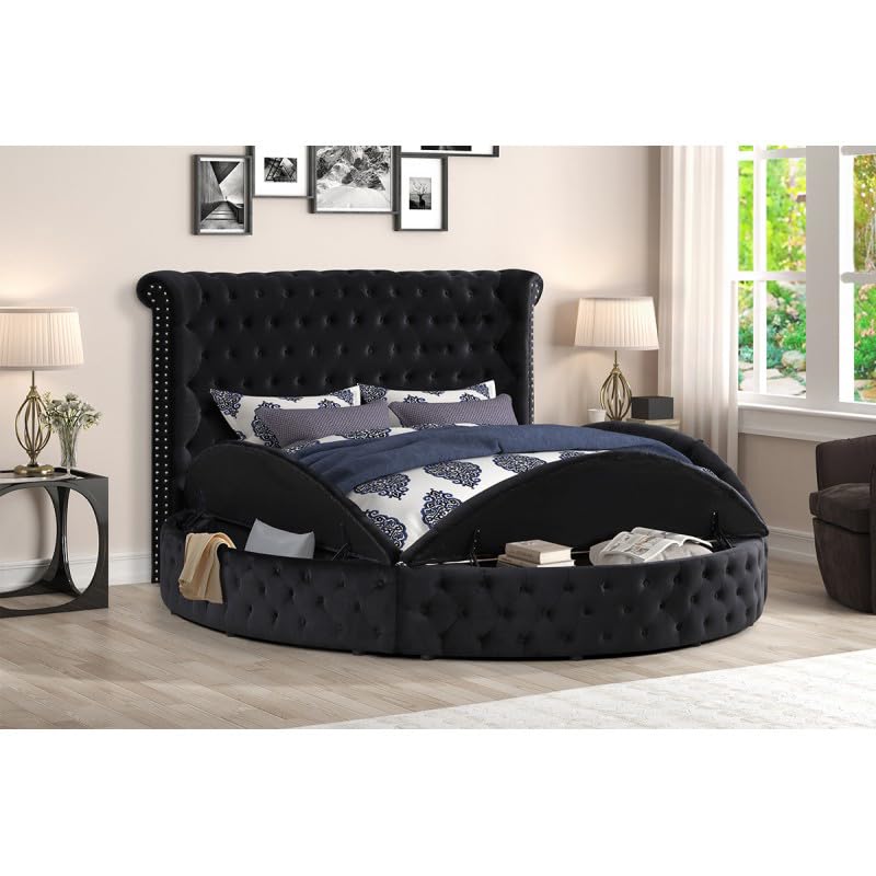 First of a Kind Circle Velvet Tufted upholstered Platform Storage Bed, Circle Bed with Button Tufting and Storage Compartments in Rails and Footboard, Circle Bed Frame (Black, Queen)
