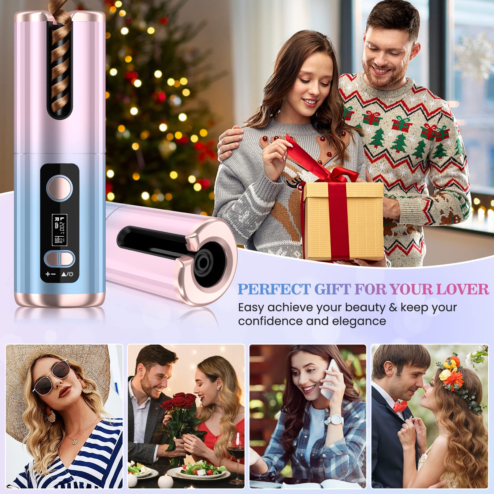 Curling Iron Automatic Hair Curler, Cordless Rechargeable Curling Iron, Portable Hair Curler Automatic Rotating w/ 6 Temps & Timer, Auto Shut-Off, Fast Heating Iron for Styling
