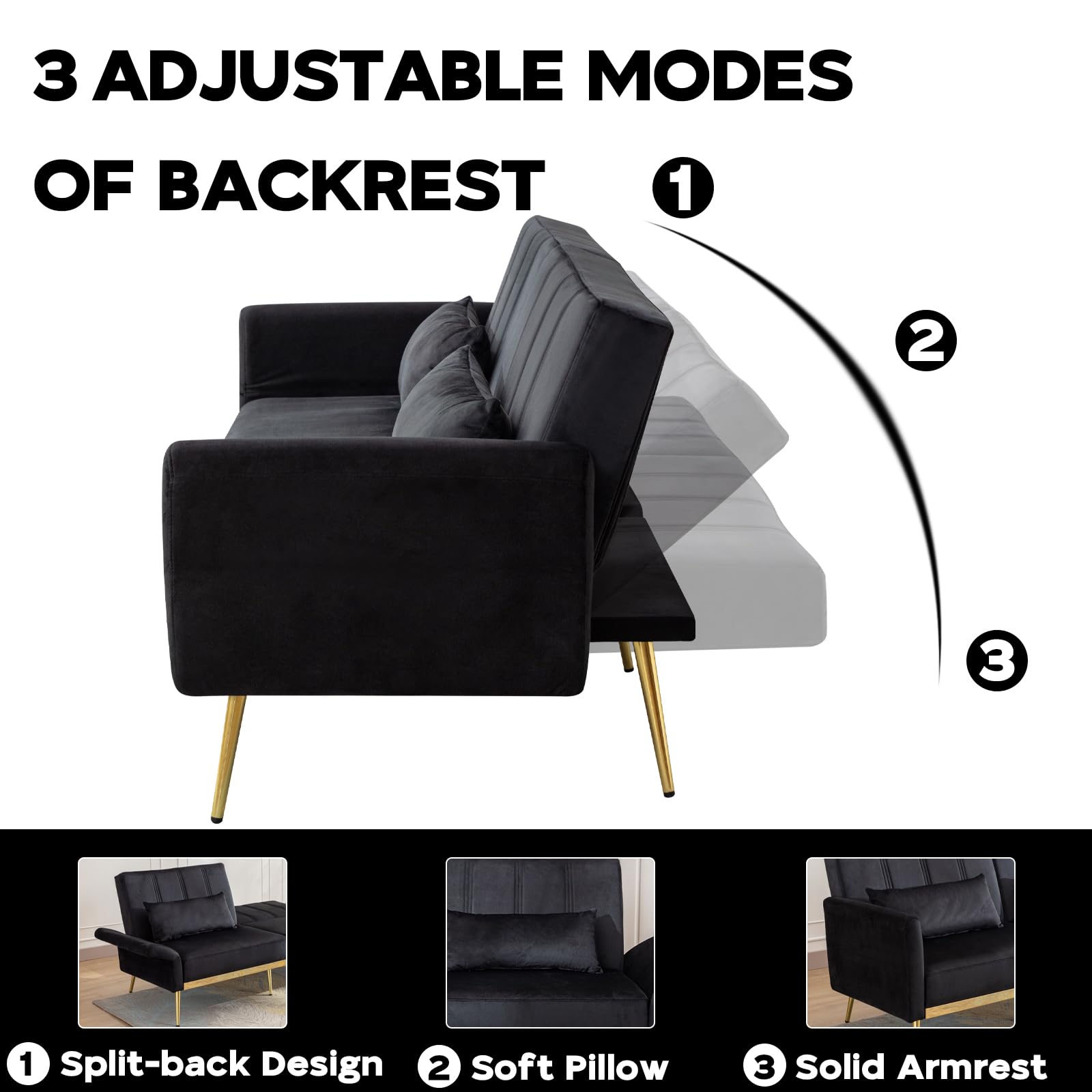 DANNRATCH 2 Pieces Velvet Sofa Set Convertible Sleeper Sofa Tufted Couch Bed with Adjustable Armrests and Backrest, Modern Loveseat Sleeper Bed with 2 Bolster Pillows for Living Room, Bedroom, Black