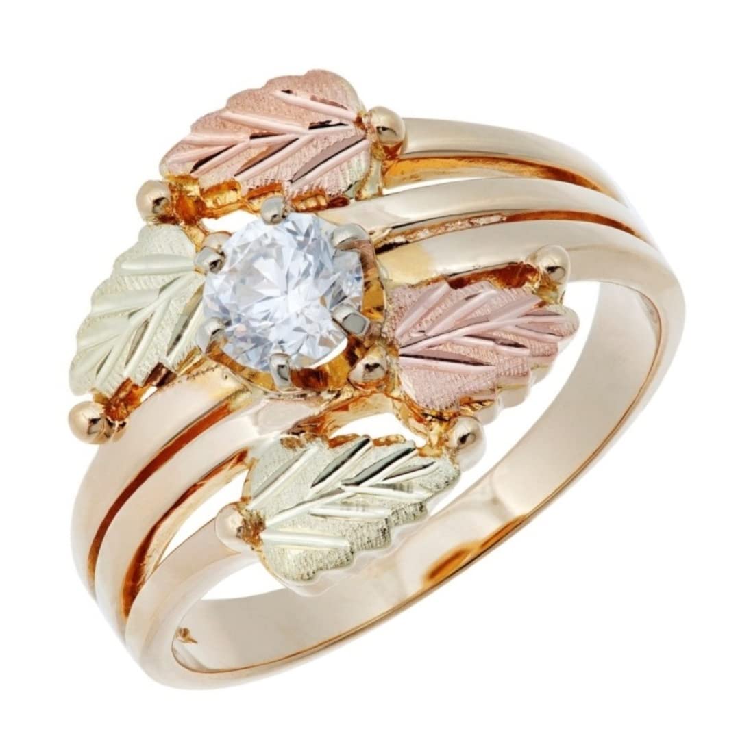 Bypass Leaves Ring with CZ, 10k Yellow Gold, 12k Green and Rose Black Hills Gold Size 7.25