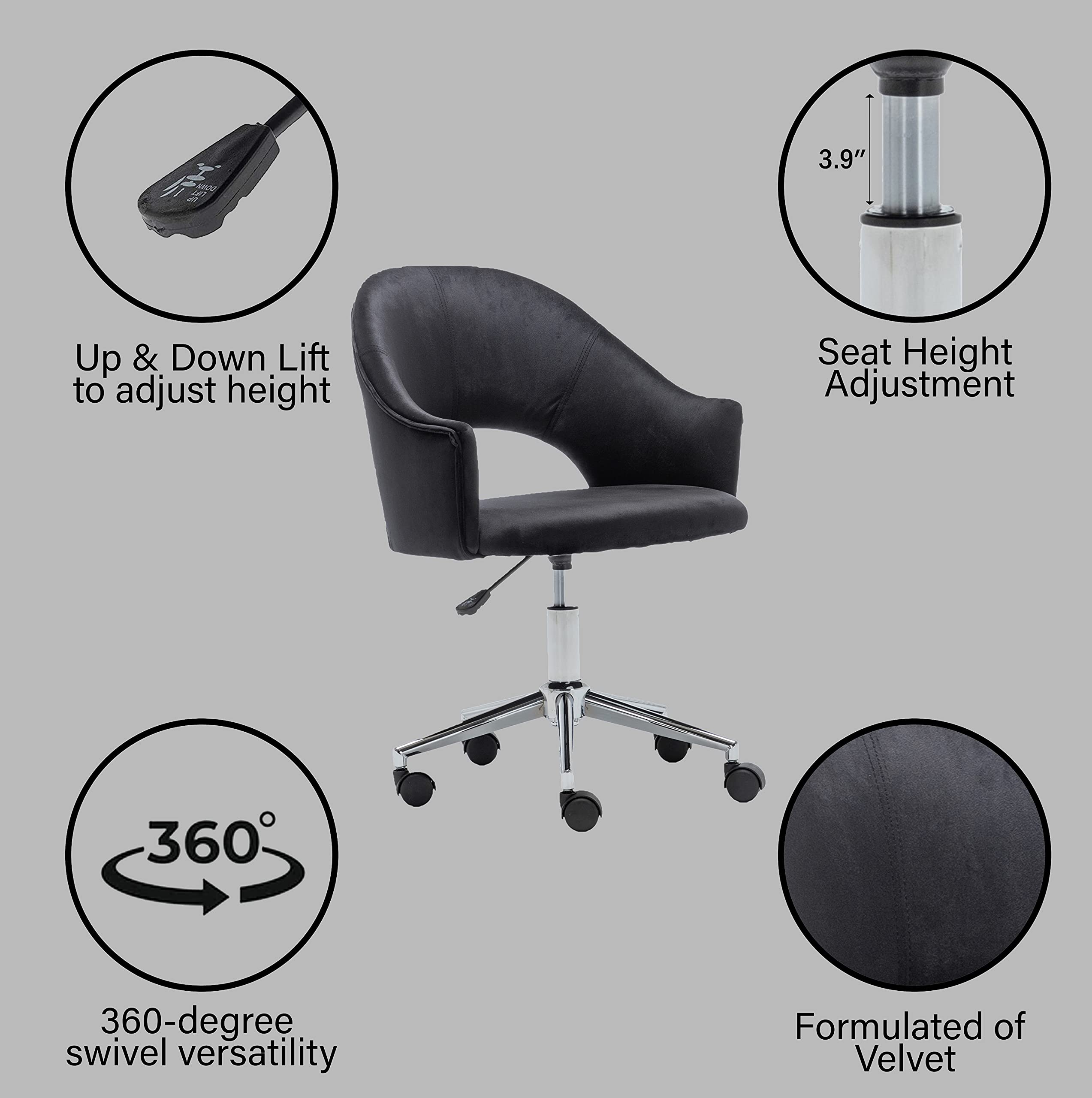BTEXPERT Swivel Makeup Vanity Velvet Home Office Chair, Adjustable Upholstered Accent, Black