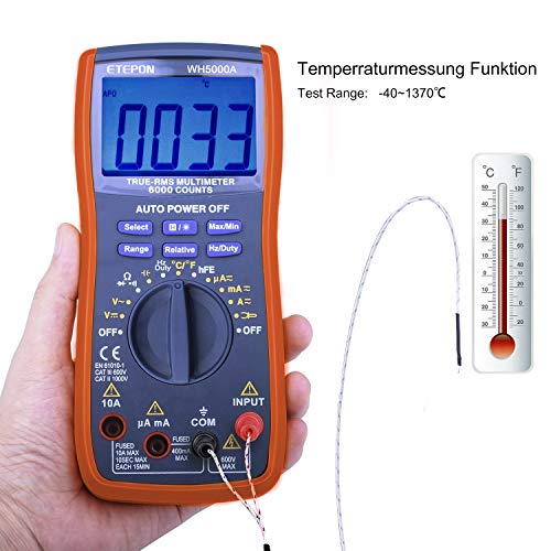 ETEPON Digital Multimeter True RMS Auto Raging Voltage Tester, Measures, Voltage, Current, Resistance, Continuity, Frequency, Capacitance, Temperature, Test Diodes,Transistors(6000 Counts Multimeter)