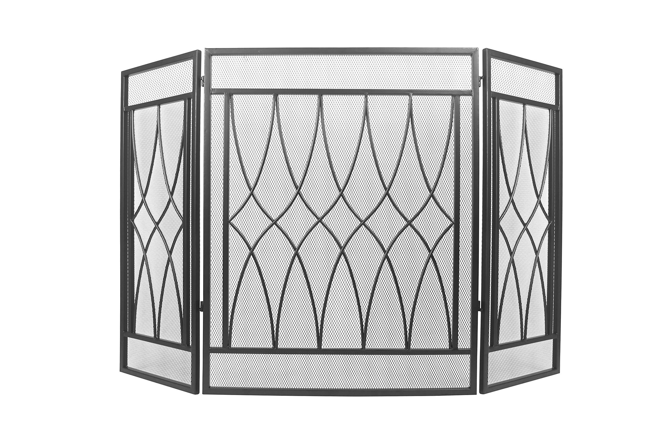 Large Metal 3-Panel Fireplace Screen Black Decorative Wrought Iron Mesh Fireplace Gate 51''(L) x 32''(H)