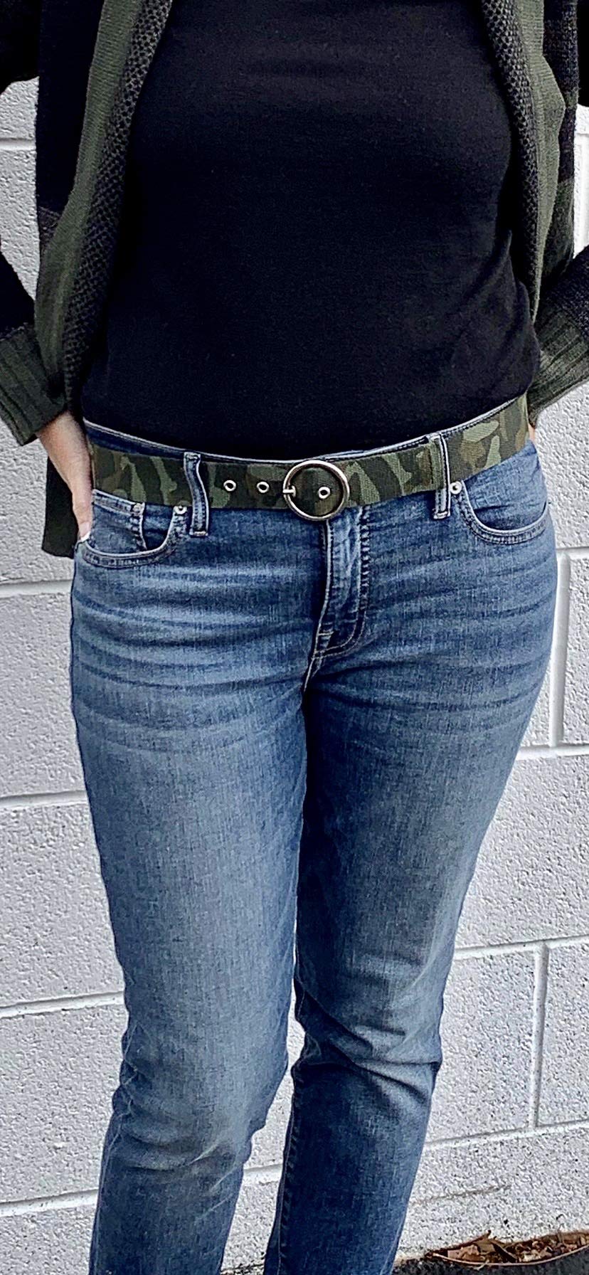 Camoflauge Web Belt | Green Camo or Blue and Navy Camo | Cotton Webbing Belt for Women | Canvas Belt with Silver Circle Buckle
