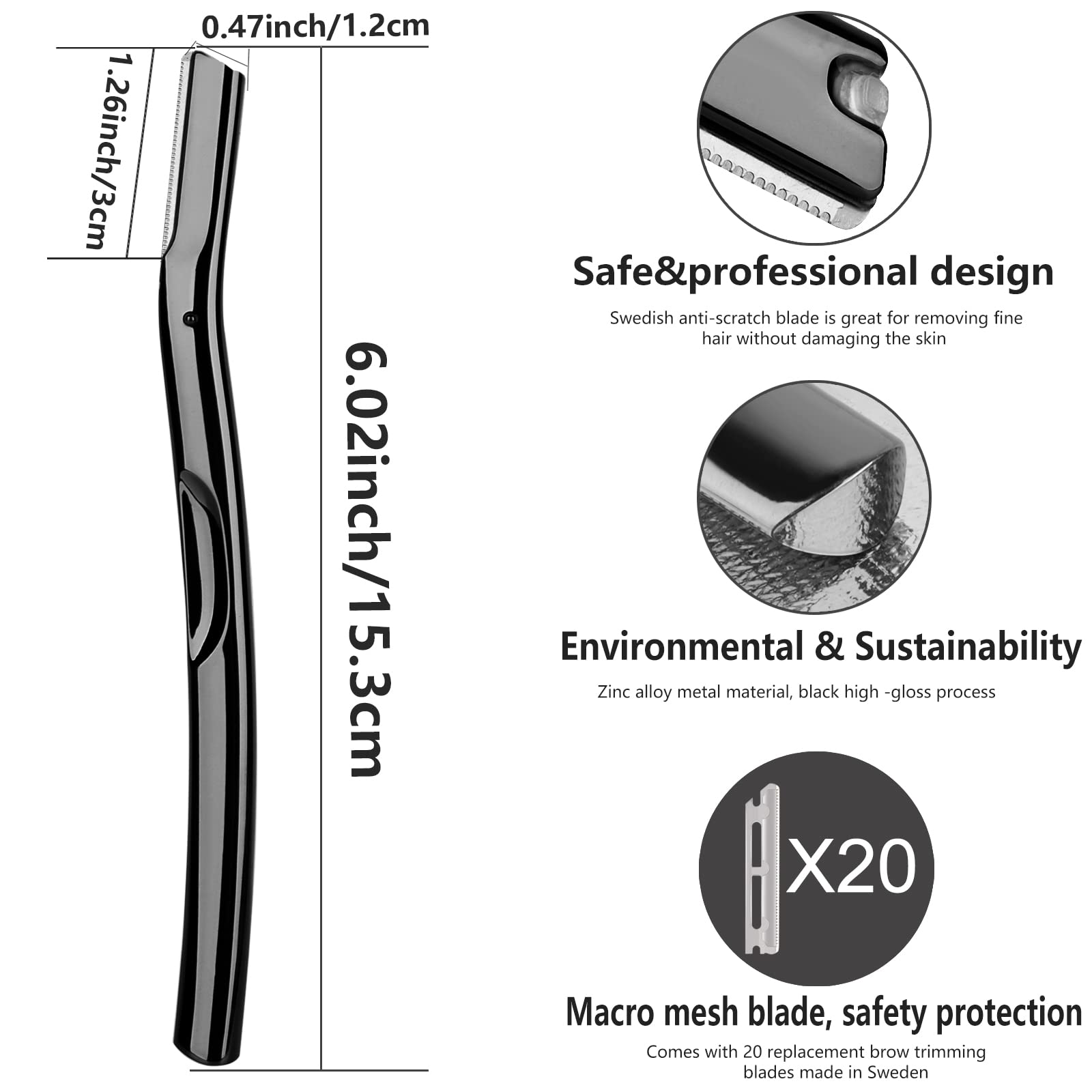 Dermaplaning razor,Eyebrow razor, metal eyebrow trimmer, replaceable blades, Shaver and Eyebrow Shaper For Women & Man,with 20 blades (black)