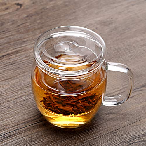 CHNTEA Tea Mug Glass Beautiful Cup with Infuser and Lid for Steeping,12 Ounces Transparent Snare Drum Mug