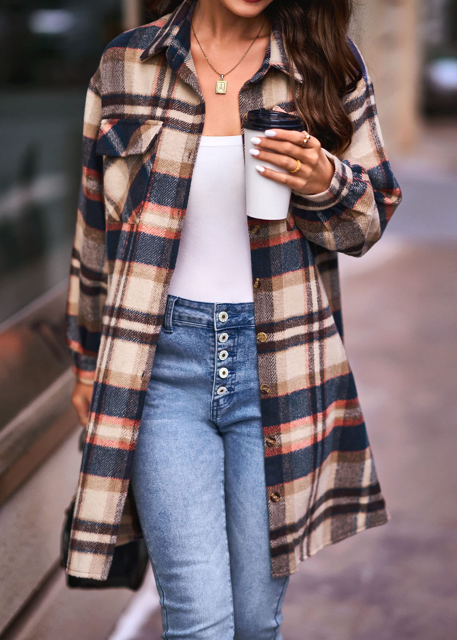 BTFBM Women's Corduroy Shacket Jacket Shirts Lapel Long Sleeve Oversized 2023 Fall Winter Button Down Shirt Dress Pocket(Plaid Orange, Small)