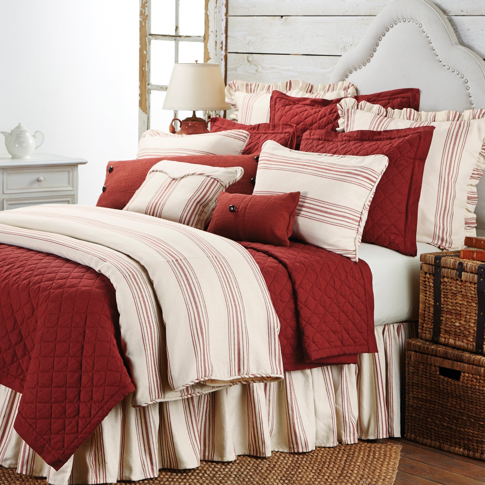 HiEnd Accents Prescott Farmhouse Bedding, 3 Piece Super King Size Striped Duvet Cover Set with Pillow Shams, Ivory Navy Ticking Stripes Pattern Comforter Cover, Chic Casual Coastal Boho Style Bed Set