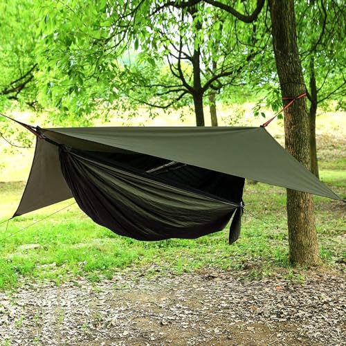 Camping Hammock with Rain Fly Tarp and Mosquito Net with Tree Straps,1/2 Person Portable Hammocks with Rain Cover for Indoor Outdoor Backpacking Hiking Travel Yard Activities Green