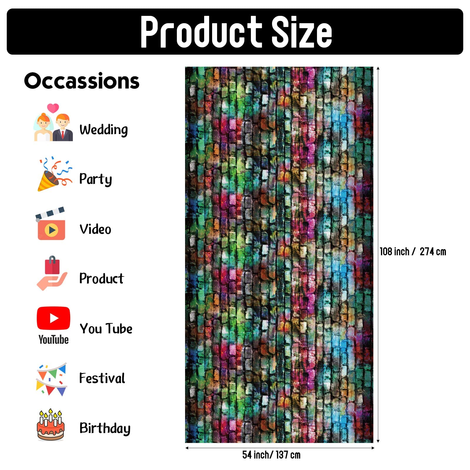 Colorful Brick Tablecloth 54 x 108 Inches Retro Brick Table Cover Graffiti Brick Table Cloth for 80s 90s Hip Hop Disco (3 Pcs)