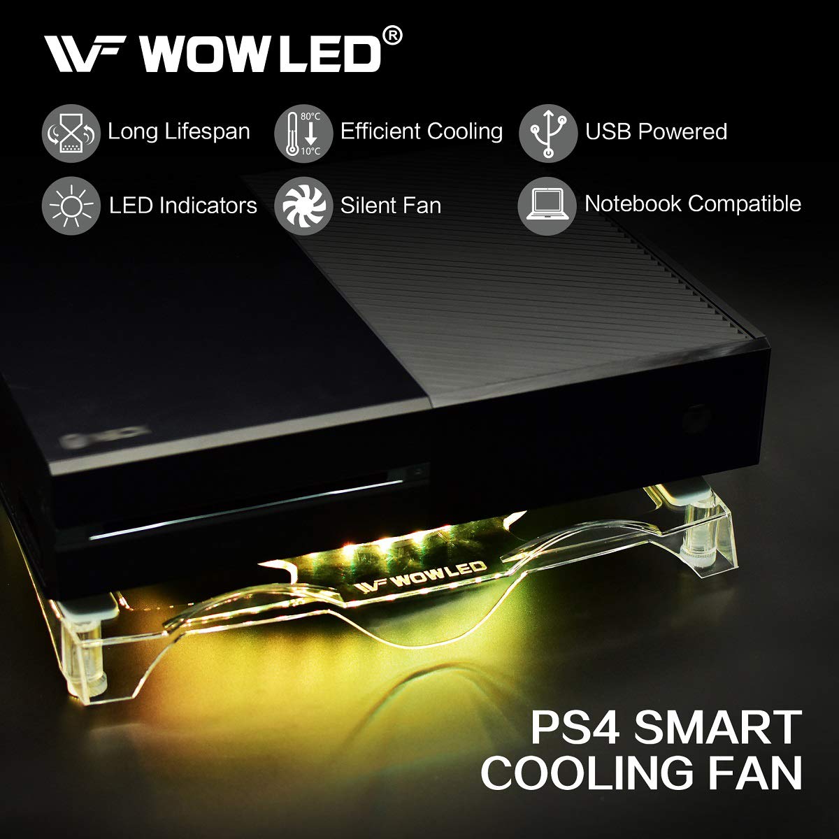 WFPOWER Cooling Fan for PS4, USB RGB LED Backlight, Multi-Color LED Light Cooler Stand, Gaming Mood Lights Pad, Compatible with Xbox, PS4 Pro, PS4 Slim, Consoles, Notebook, Laptop