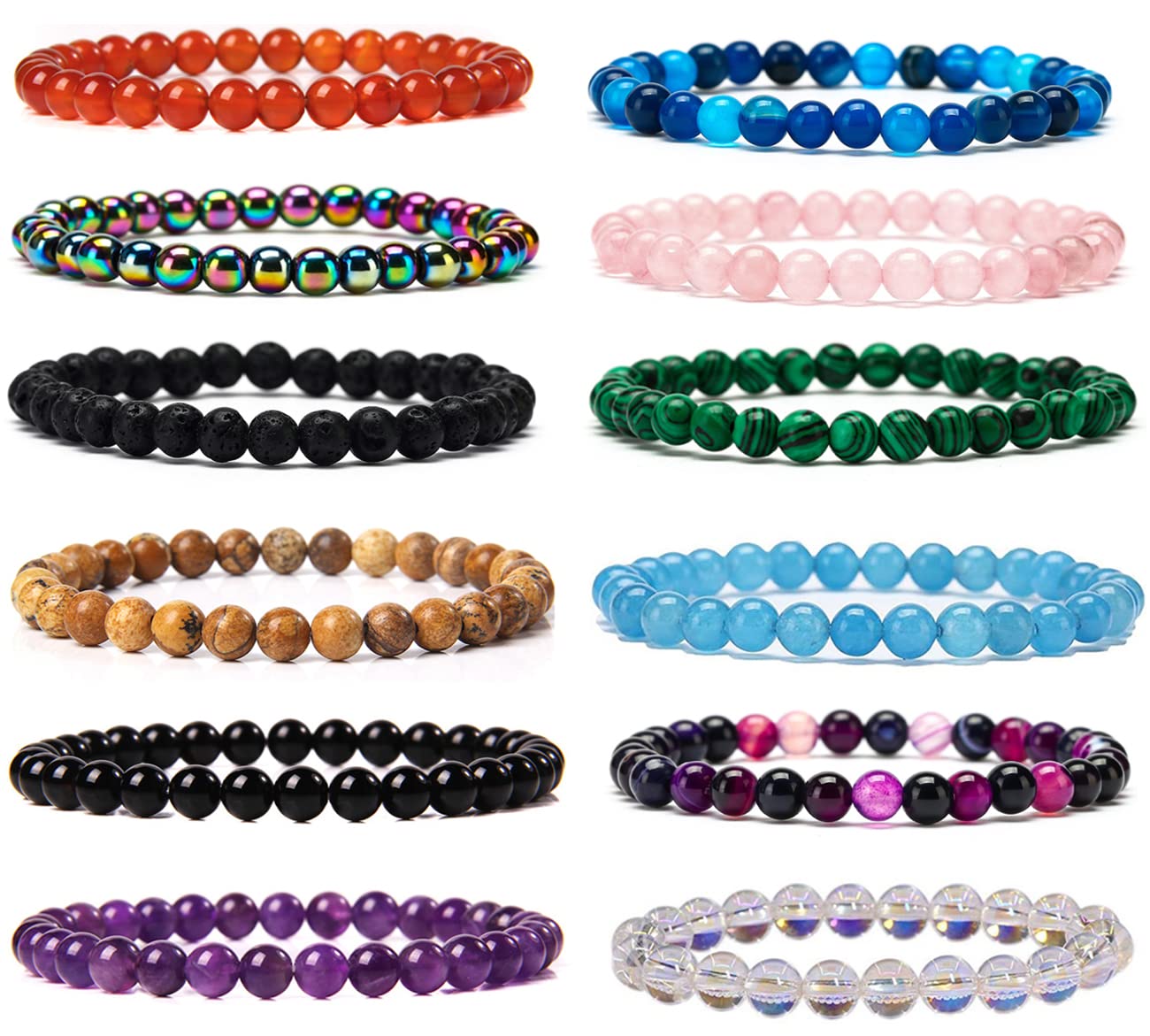 CASDAN 12Pcs 6mm Gemstone Beaded Bracelets for Women Tiny Crushed Stone Crystal Bracelet Beaded Couples Stretch Unisex Stretch Bracelets Jewelry