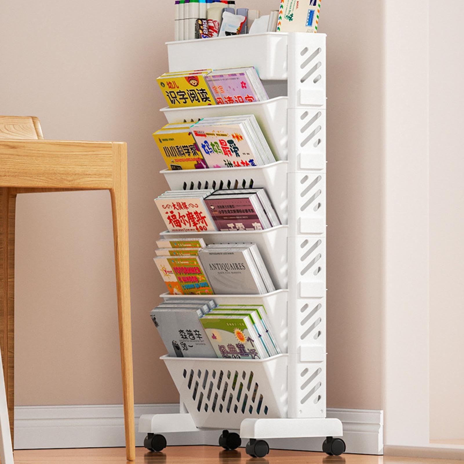 Bookshelf with Wheels, 6 Tier Movable Bookcase Organizer, Rolling Bookcase Organizer, Space Saving Mobile Bookshelf, Multiple Storage Wheeled Shelf, Mobile Book Storage Unit for School Classroom Home
