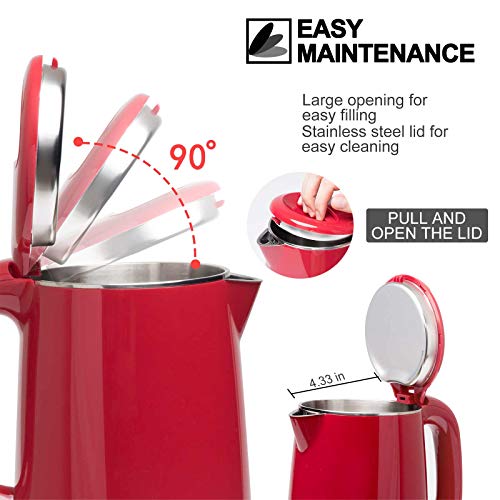 Secura Stainless Steel Double Wall Electric Kettle Water Heater for Tea Coffee w/Auto Shut-Off and Boil-Dry Protection, 1.0L (Red)
