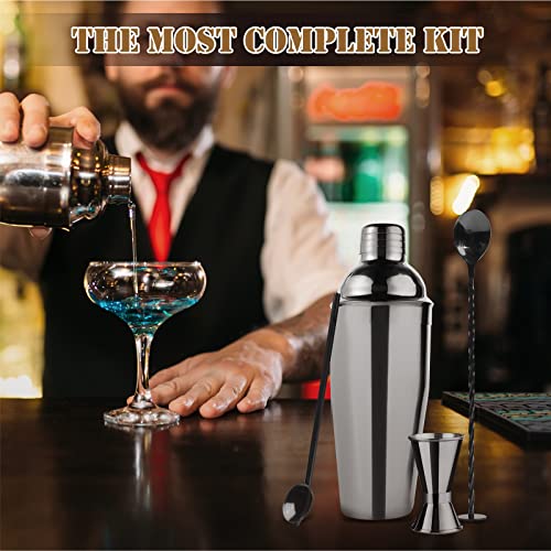 Purism Cocktail Shaker,4-Piece Stainless Steel Bartender Kit Essential Cocktail Bar Tool Set,25 oz Martini Shaker with a Built in Strainer lid &Manual of Recipe, Bar Set for Home Drink Mixing(Black)