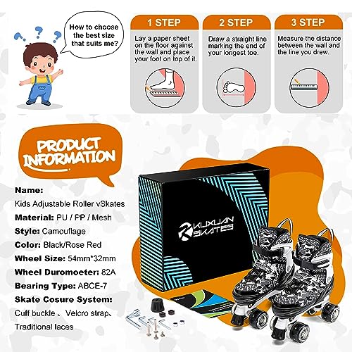 Kuxuan Skates Boys and Girls Camo Adjustable Roller Skates with Light up Wheels, Fun Illuminating Roller Blading for Kids Girls Youth - Medium
