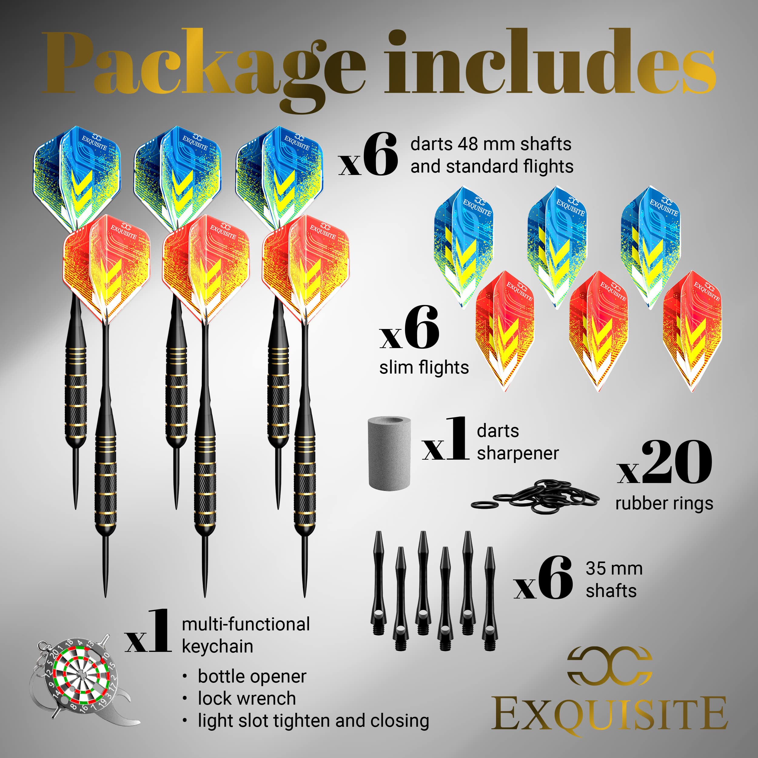 CC-Exquisite Professional Steel Tip Darts Set - 6 x 22g Brass Barrels with 12 Flights Standard/Slim, 12 Aluminum Shafts 35/48mm, 12 O-Rings, Dart Tool (Black - Luminary 18g/22)