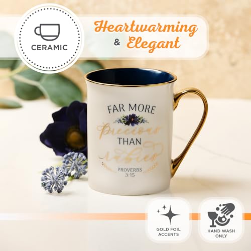 Christian Art Gifts Ceramic Coffee & Tea Mug for Women 12 oz Navy Blue Floral w/Gold Accents Inspirational Bible Verse Mug -More Precious than Rubies - Proverbs 3:15 Lead-free Scripture Cup