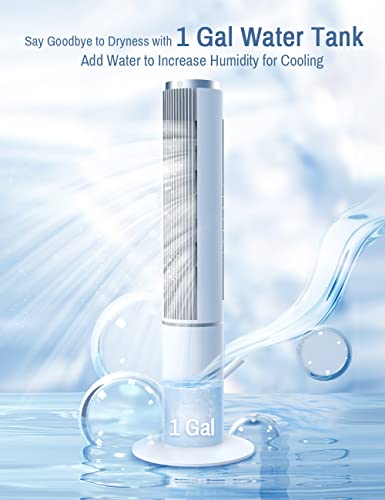 Evaporative Air Cooler - HiFresh 42-In Bladeless Tower Fan w/4 Ice Packs & Water Tank, 3 Speeds & Cooling Mode 600CFM Swamp Cooler, 70°Oscillation, 12-H Timer Remote Control for Large Room/Home/Office