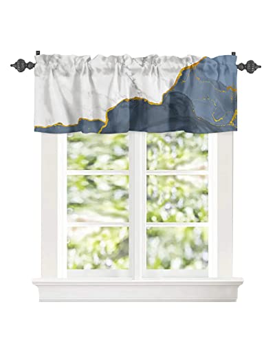 Window Curtain Valances for Kitchen Windows,Blue White Stone with Gold Stripe Rod Pocket Short Window Valance Modern Abstract Marble Agate Cafe Treatment Valance for Living Room/Bedroom,42x12in