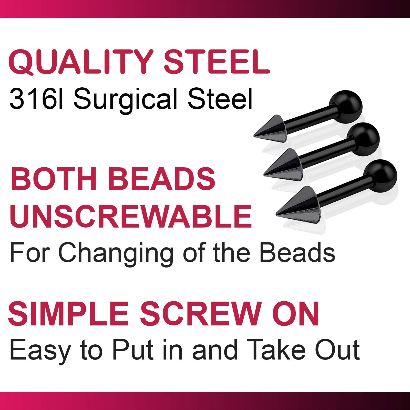 bodyjewellery 3pcs 16g 1/4 Barbell Cartilage Earring Vertical Tragus Ear Lobe Stud Triple Forward Helix black Anodized Steel Spike