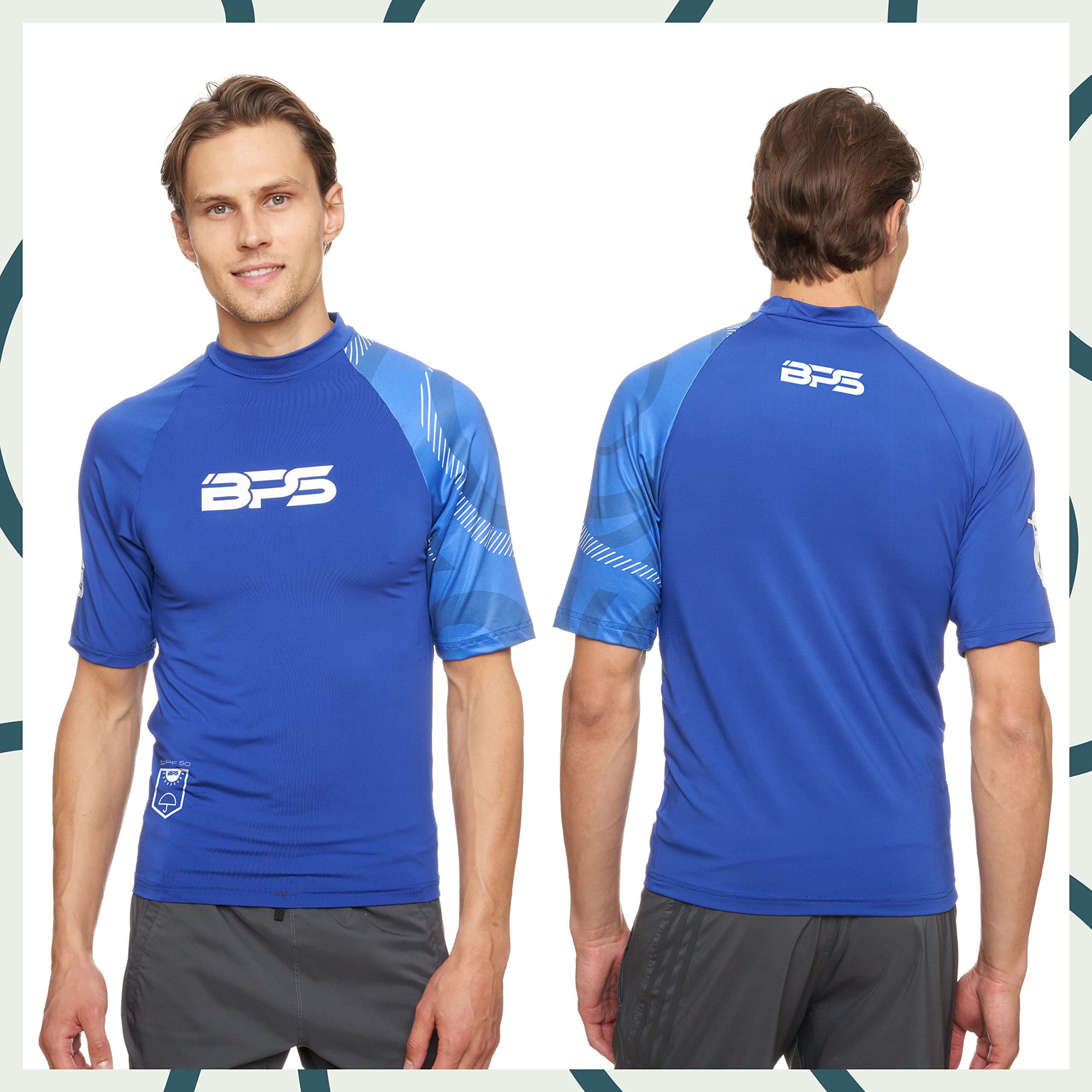 BPS Men's Short Sleeve Swim Shirt/Rash Guard with Sun Protection (Patterned Navy Blue, XXL)