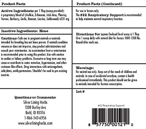 Silver Lining Herbs 22 Respiratory Support for Horses - Supports Normal Function Of The Lungs - Helps Keep Airways Clear - Assists Horse's Body In Combating Environmental Pollutants - 1 lb Bag