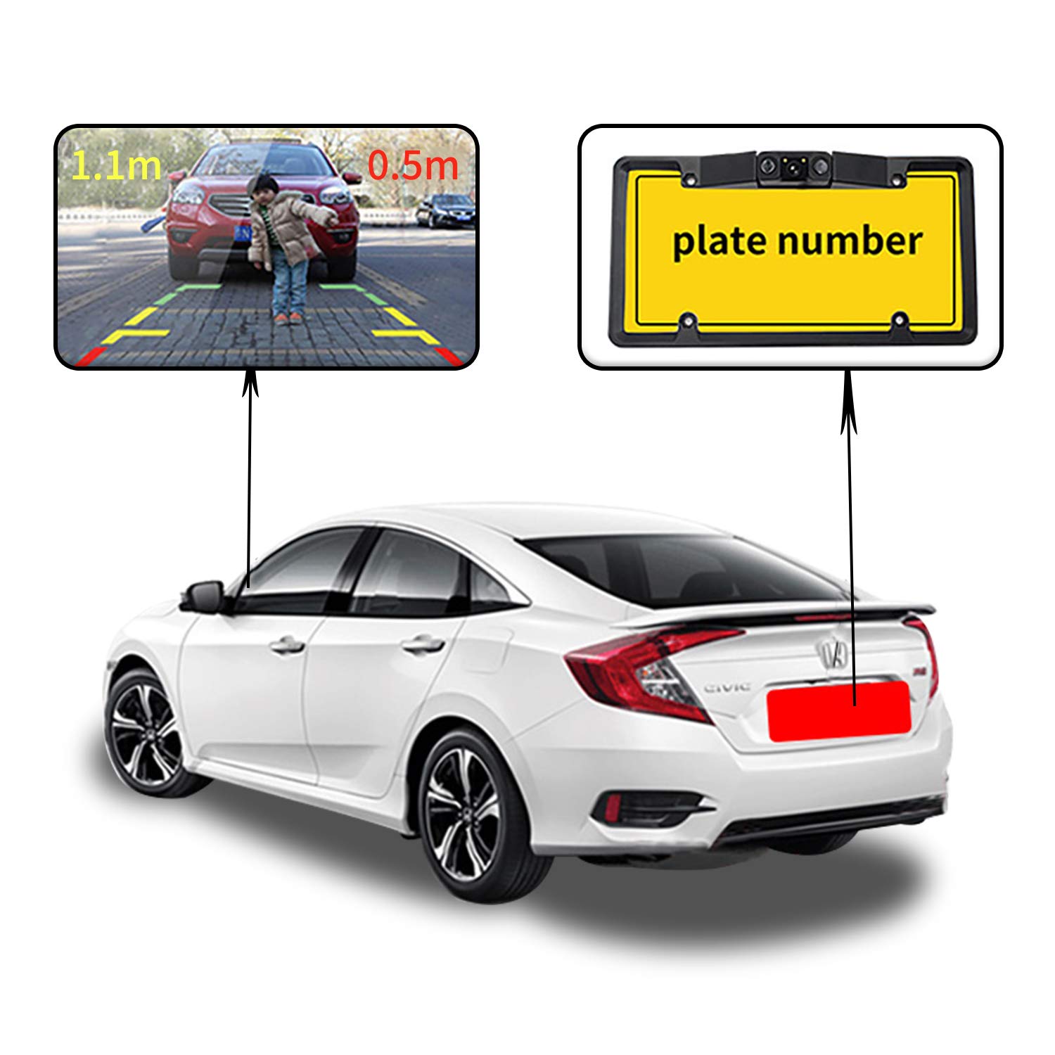 BY-J License Plate Frame with Car Reverse Backup Radar System, Parking Detector Monitor with Radar Sensor, 170 Degrees Night Vision Rear View Backup Camera, Parking Sensor Kit, for Car Pickup SUV