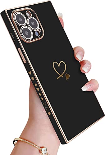 Newseego Square iPhone 12 Pro Max Case Women Girls Luxury Cute Plating Gold Love Heart Pattern Phone Case Soft TPU Full Camera Lens Protection Cover for iPhone 12 Pro Max with Cute Chain-Black