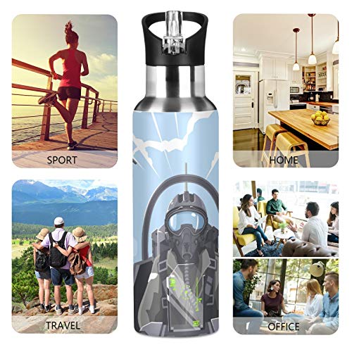 Oyihfvs Plane Aircraft Fighter Cockpit Overview On Sky Stainless Steel Water Bottle, Double Walled with Handle Thermo Cup Bottle 20 Oz, Leak-Proof Vacuum Hot Cold Insulated Travel Mug