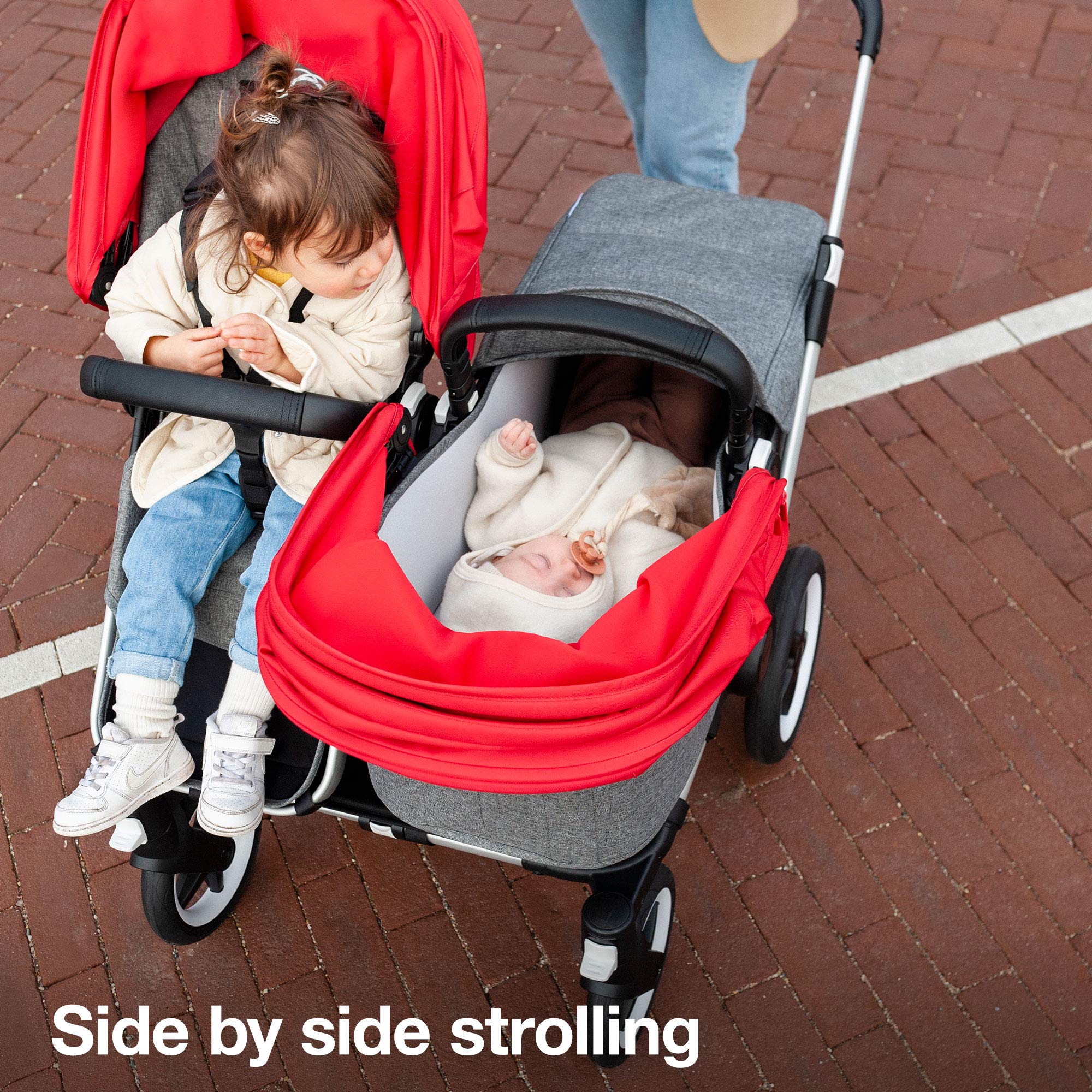 Bugaboo Donkey 3 - Duo Extension Set Complete - Turn Your Mono Single Donkey to A Double Stroller - Aluminum Frame/Grey Melange/Red Sun Canopy