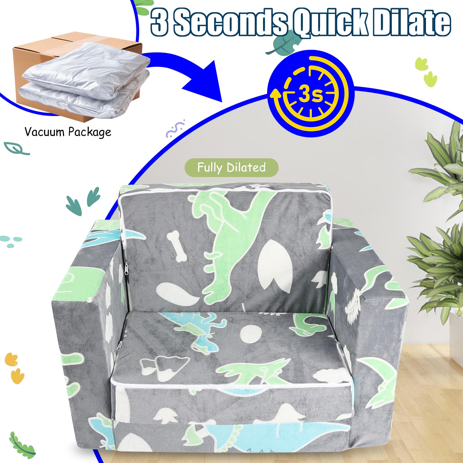 Fivetry Kids Sofa - Comfy 2-in-1 Kids Couch Bed Glow in The Dark Baby Modular Dinosaur Couch Kids Chairs Comfy Toddler Convertible Couch Bed for Girls and Boys, Grey