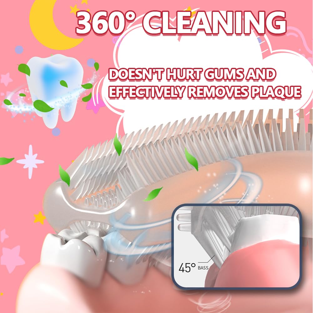 Kids Electric Toothbrush U Shaped Ultrasonic Automatic Brush with 2 Brush Head 6 Sonic Clean Modes IPX7 Waterproof Unicorn Design Whole Mouth Rechargeable Smart Timer Toothbrushes for Children 2-6