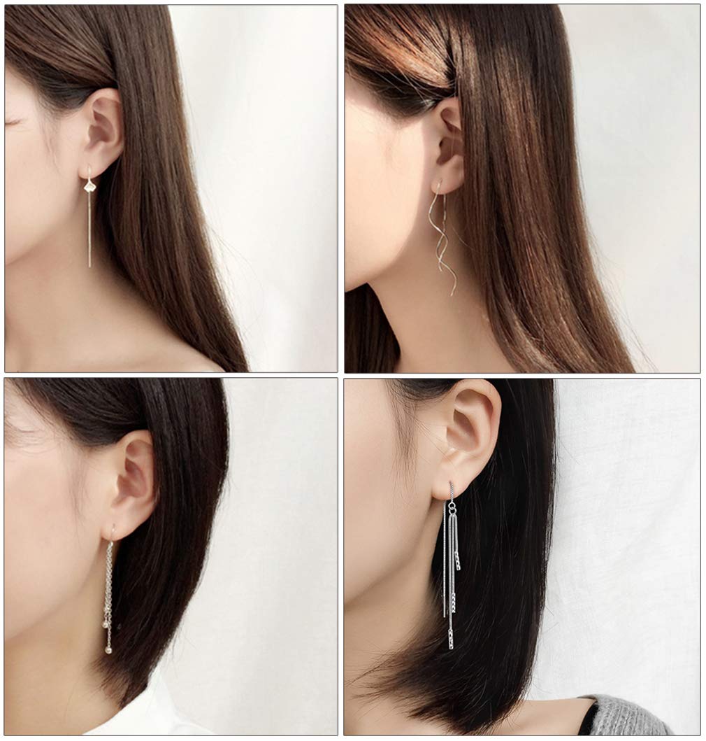 CASDAN 8 Pairs Silver Plated Long Chain Tassel Earrings for Women Lightweight Ball Drop Dangle Moon Star Tassel Threader Earrings