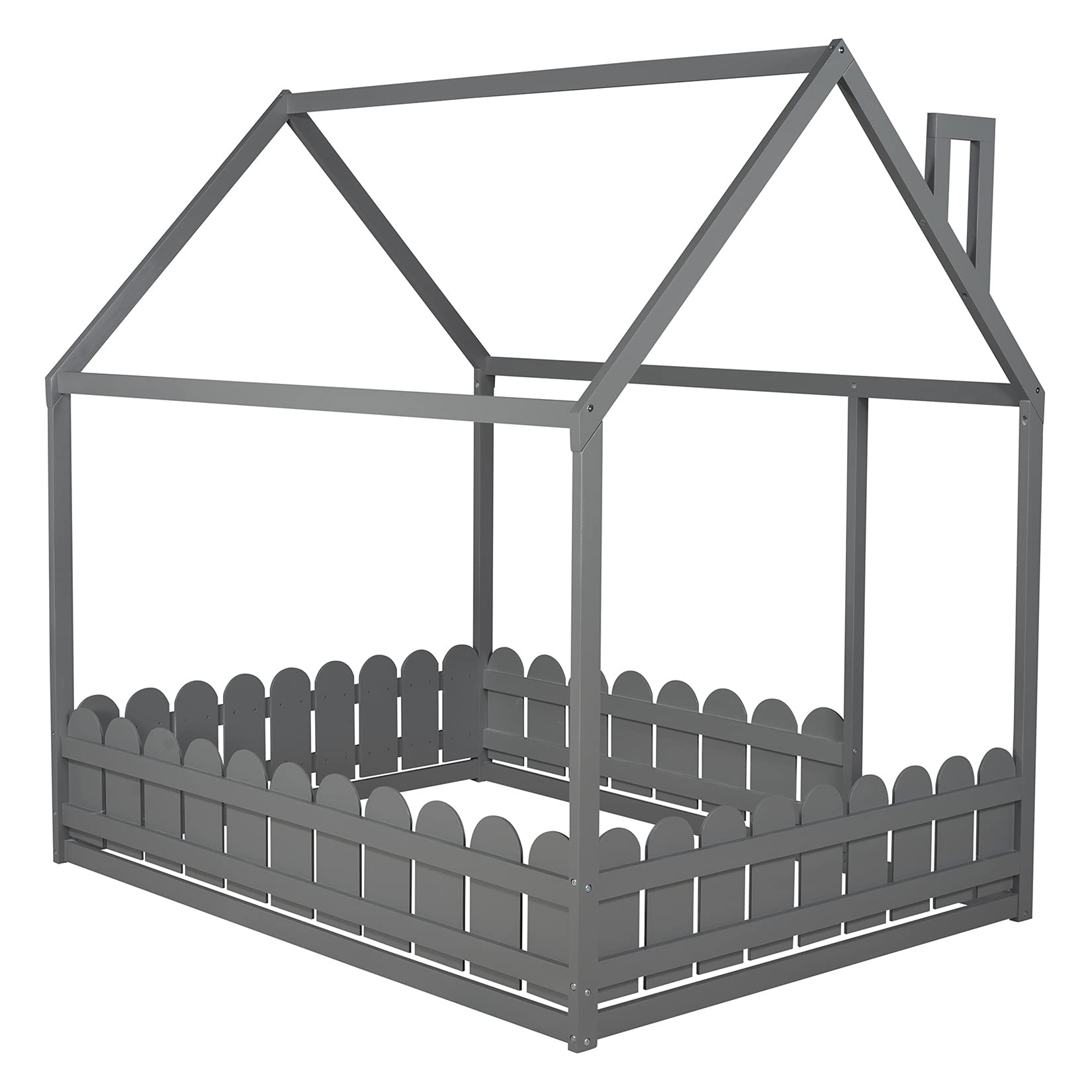 Kids House Beds, Full Floor Bed with Fence Wood Cabin Bed Frame Can be Decorated for Teens, Girls, Boys, Adults, Gray