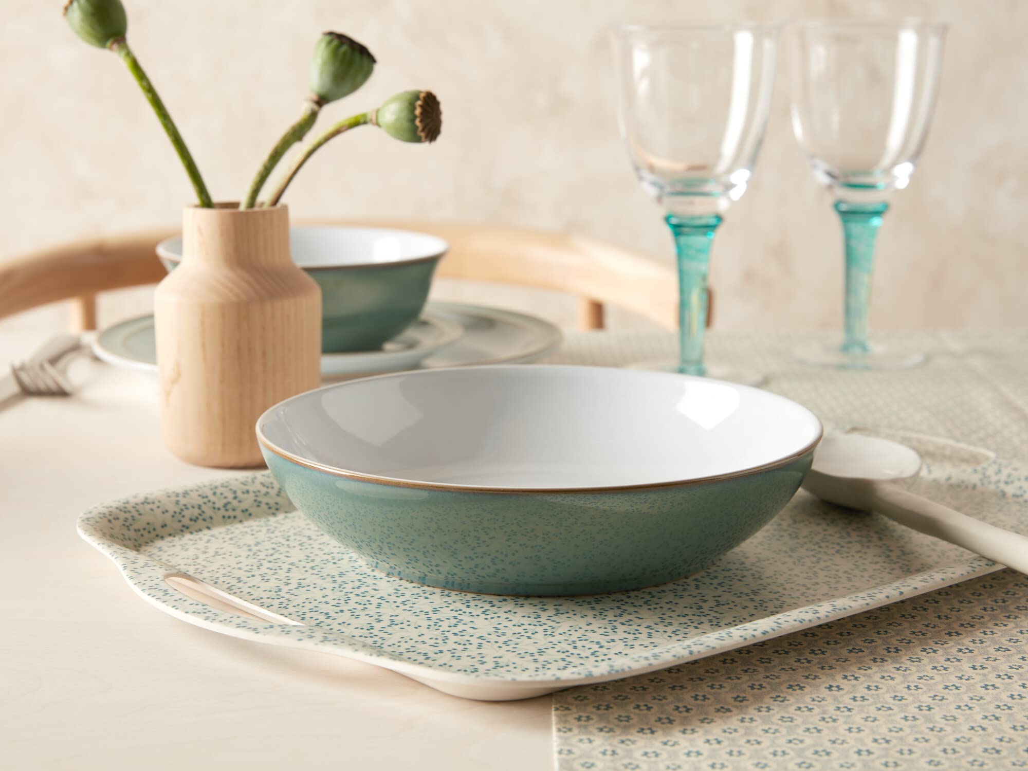 Denby - Regency Green Pasta Bowls Set of 4 - Dishwasher Microwave Safe Crockery 1050ml 22cm - Green, White Ceramic Stoneware Tableware - Chip & Crack Resistant