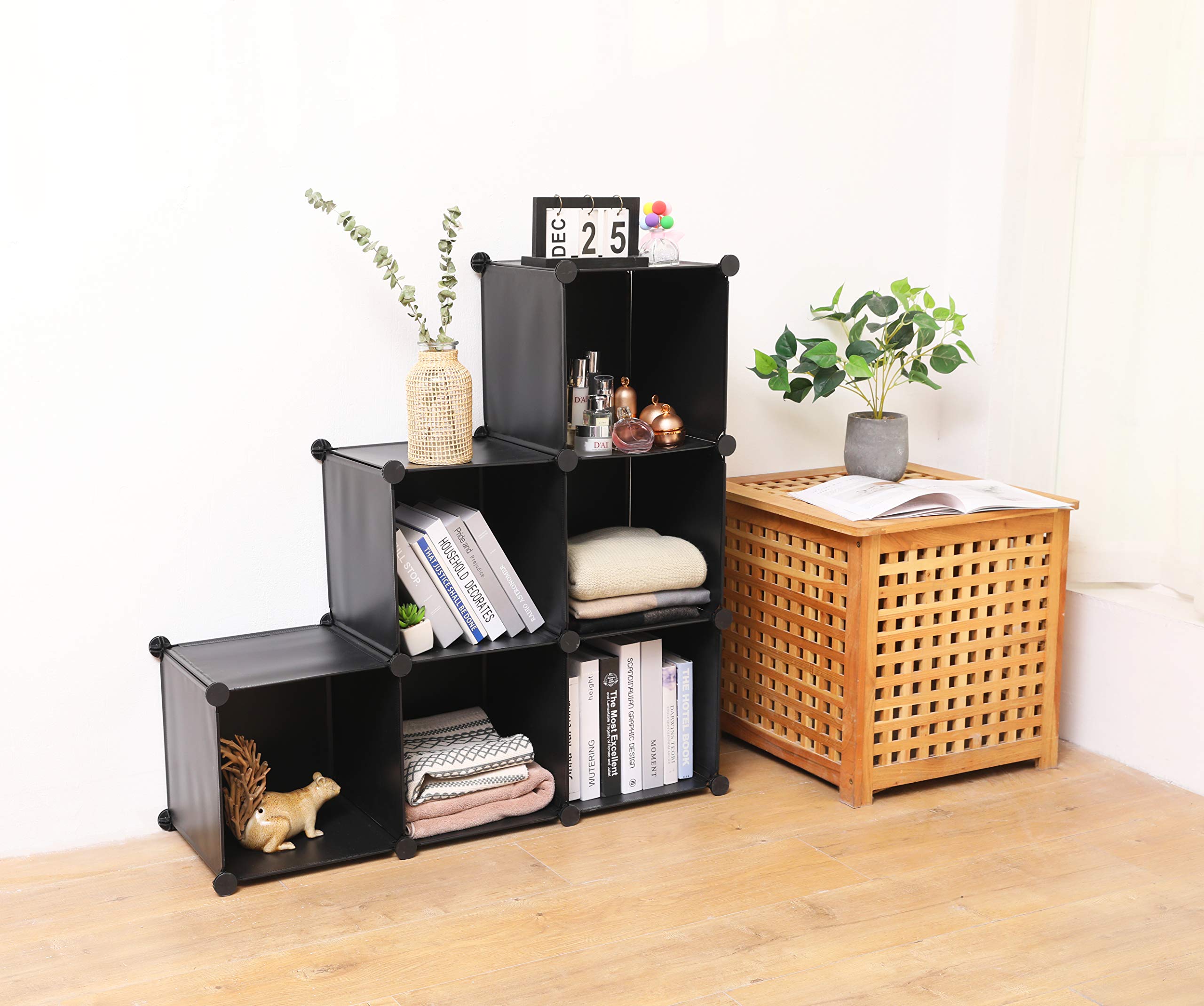 YCOCO 6 Cubes Storage Modular Cubes,DIY Plastic Closet Organizer Storage Shelves Cubes with Wooden Hammer,Stackable Bookcase for Bedroom Living Room Office,Black